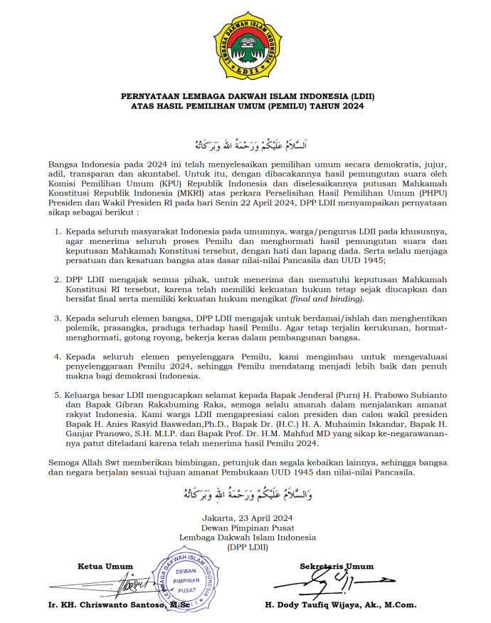 Pernyataan Sikap LDII atas Hasil Pemilu 2024 - Lembaga Dakwah Islam ...